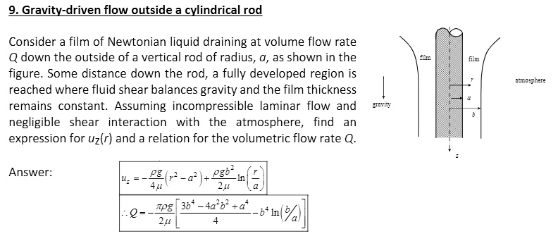 SOLVED: 9. Gravity-driven flow outside a cylindrical rod Consider a film of Newtonian liquid ...