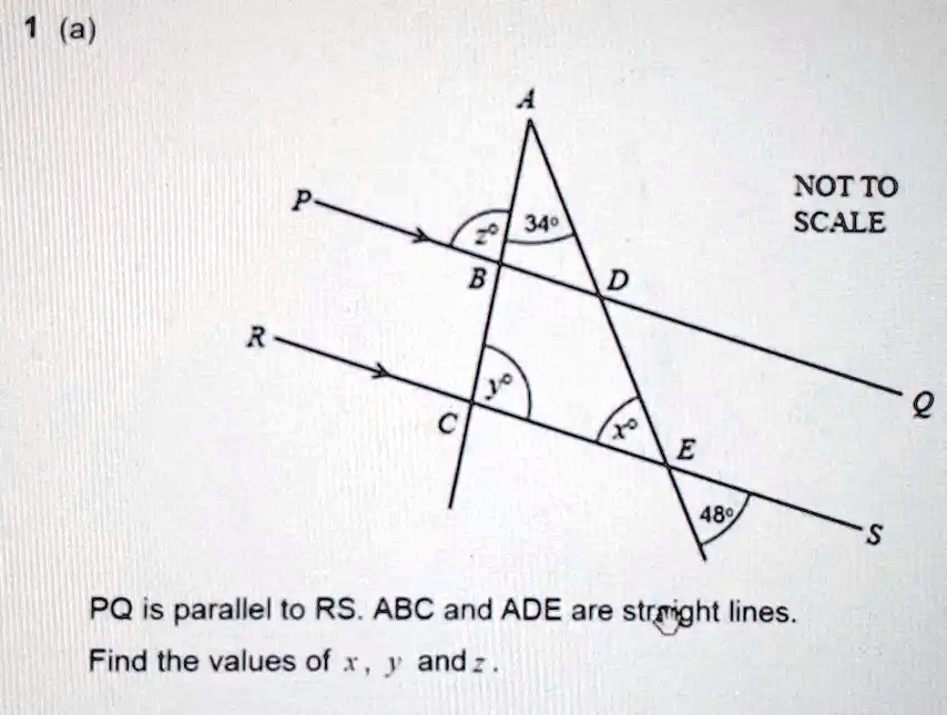 [GET ANSWER] 1 (a) PQ is parallel to RS. ABC and ADE are straight lines. Find the values of x, y ...