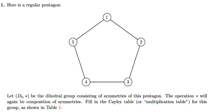 1. Here is a regular pentagon: 5 4 1 3 2 Let (D5, *) be the dihedral ...