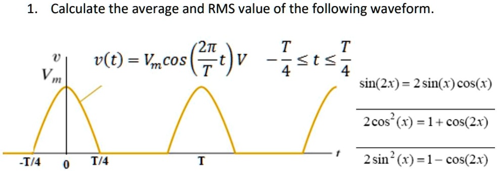 SOLVED: Calculate the average and RMS value of the following waveform: v(t) = Vmcos(2Ï€t/T) + 1 ...