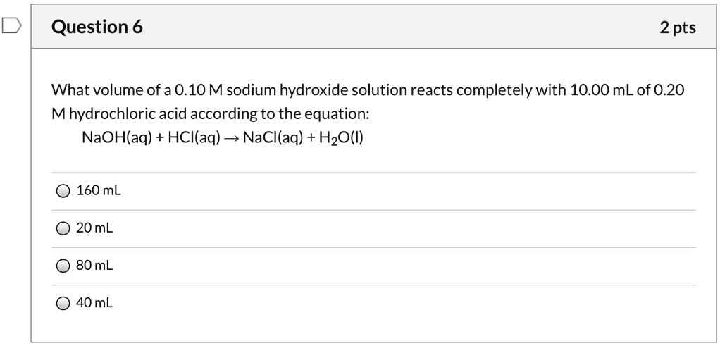 SOLVED: What volume of a 0.10 M sodium hydroxide solution reacts completely with 10.00 mL of 0. ...