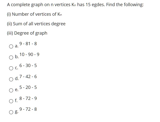 a complete graph on n vertices kn has 15 egdes find the following number of vertices of kn ii ...