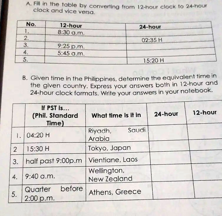 SOLVED Text Fill In The Table By Converting From 12 hour Clock To 24