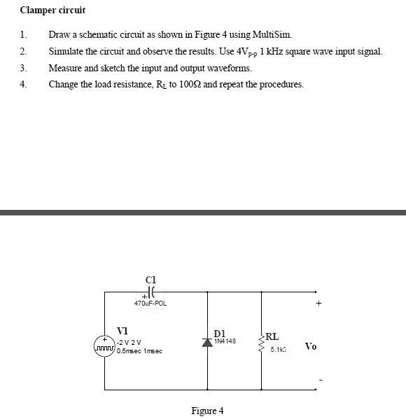 SOLVED: 1. Draw a schematic circuit as shown in Figure 4 using MultiSim ...