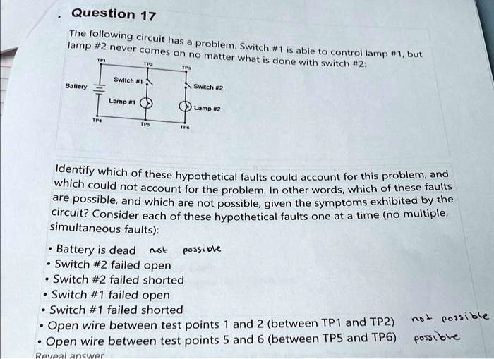 SOLVED: Texts: Question 17 Switch #1 Battery Switch #2 Lamp # Simultaneous faults: - Battery is ...