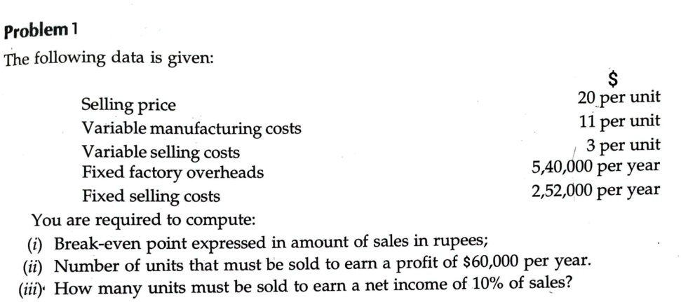 SOLVED: Problem 1: The following data is given: Selling price: 20 per unit Variable ...