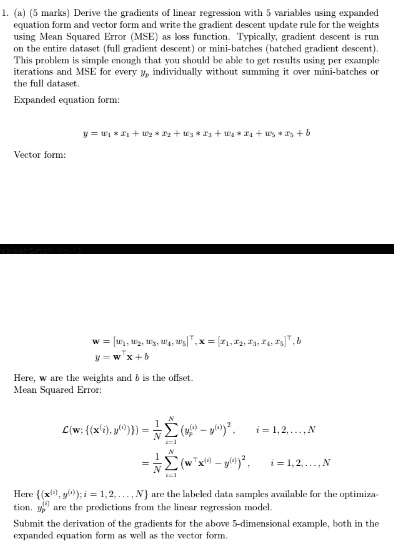 Solved Please Derive The Derivation L A 5 Marks Derive The Gradients Of Linear Regression