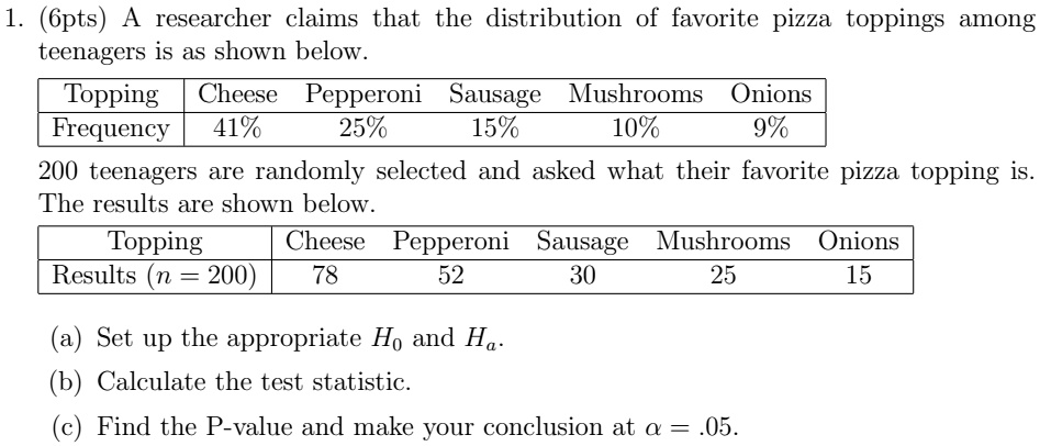 6pts researcher claims that the distribution of favorite pizza toppings ...