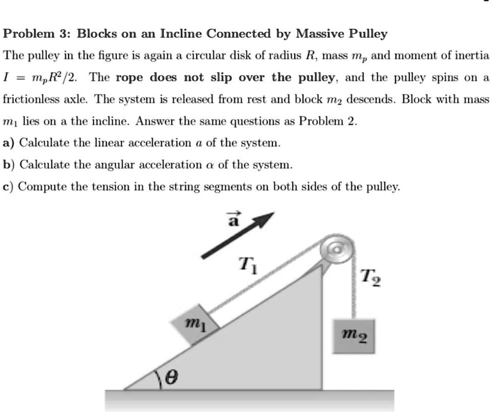 Problem 3: Blocks on an Incline Connected by Massive Pulley The pulley in the figure is again a ...