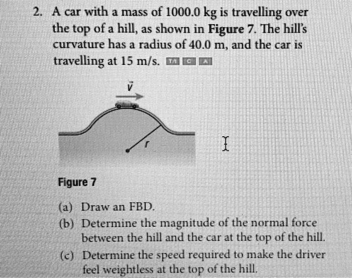2. A car with a mass of 1000.0 kg is travelling over the top of a hill ...