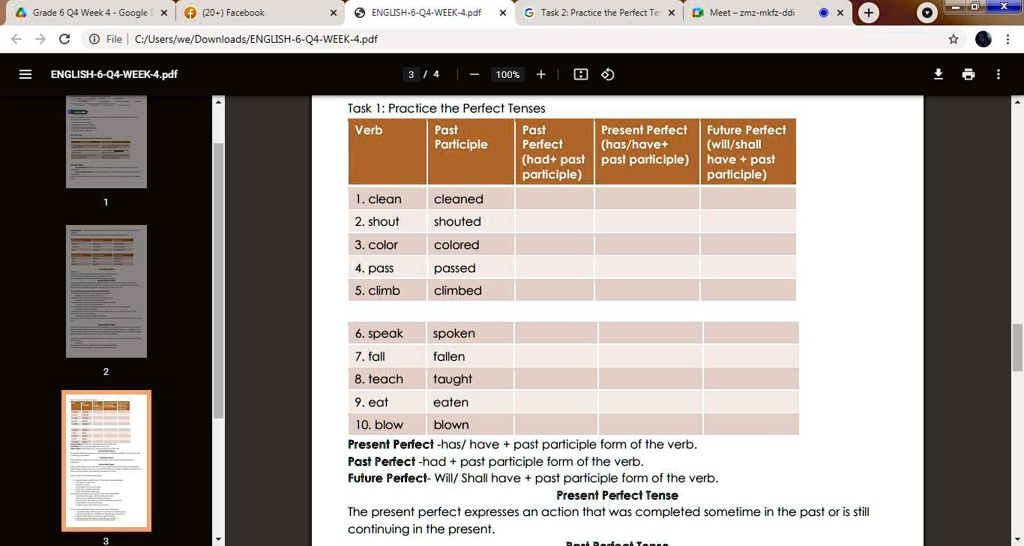 task 1 practice the perfect tenses verb past participle past perfect ...