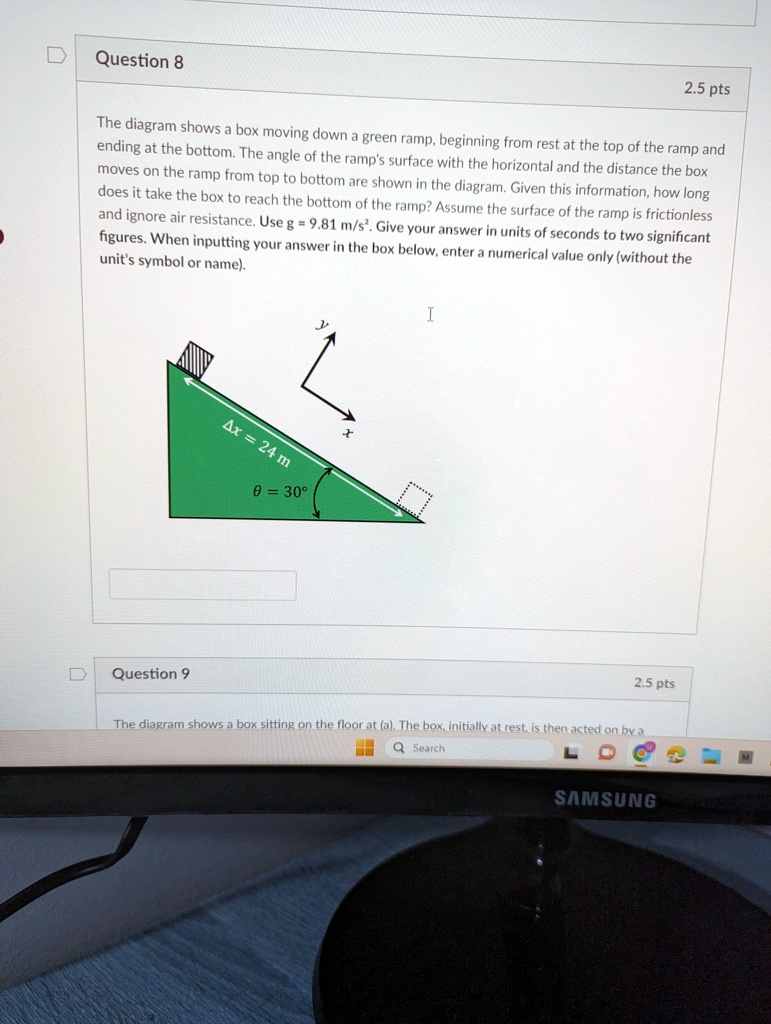 The diagram shows a box moving down a green ramp, beginning from rest ...
