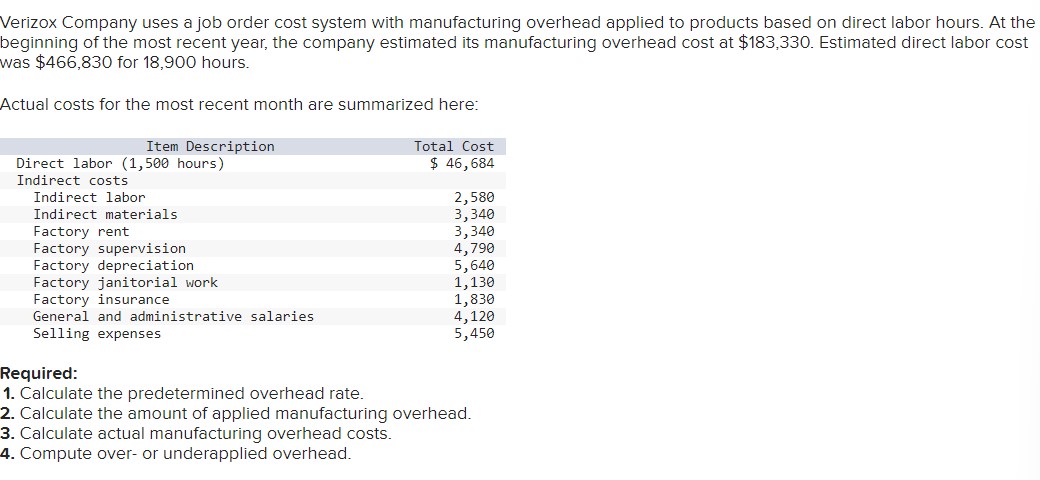 Verizox Company uses a job order cost system with manufacturing ...