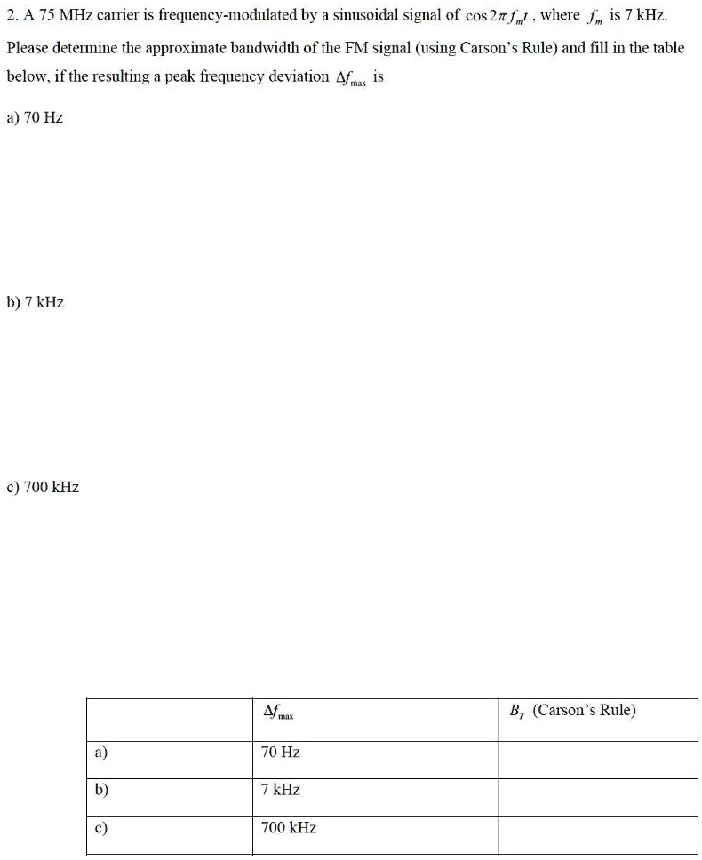 [GET ANSWER] 2. A 75 MHz carrier is frequency-modulated by a sinusoidal signal of cos 2 π fm t ...