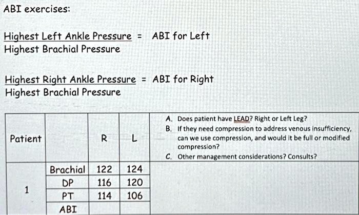SOLVED: Texts: ABI Exercises: Highest Left Ankle Pressure = ABI for ...