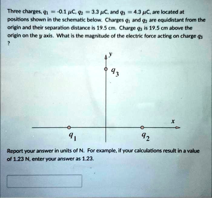 Three charges q1 = -0.1C, q2 = 3.3C, and q3 = 4.3C are located at positions shown in the ...