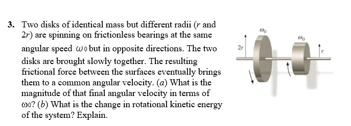 two disks of identical mass but different radii r and 2r are spinning on frictionless bearings ...