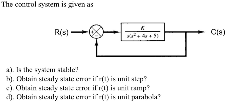 SOLVED: The control system is given as K R(s) C(s) s(s^2+4s+5) a). Is ...