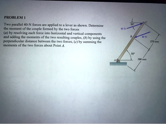 SOLVED: Two parallel 40-N forces are applied to a lever as shown ...