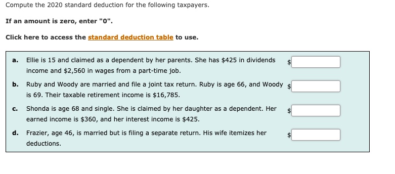 compute the 2020 standard deduction for the following taxpayers if an ...