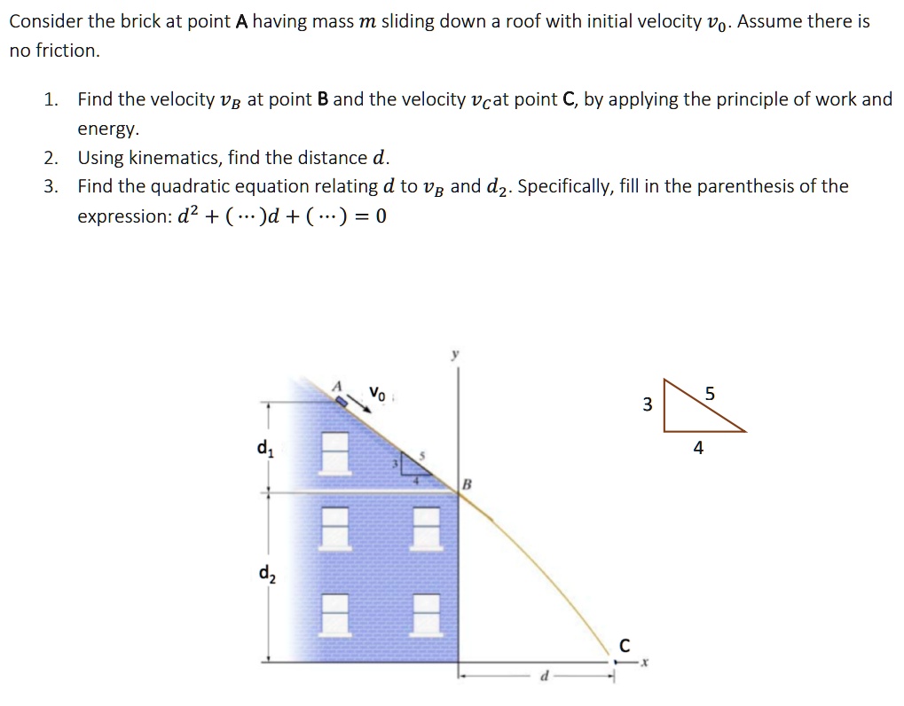 Consider the brick at point A having mass m sliding down a roof with initial velocity v0. Assume ...