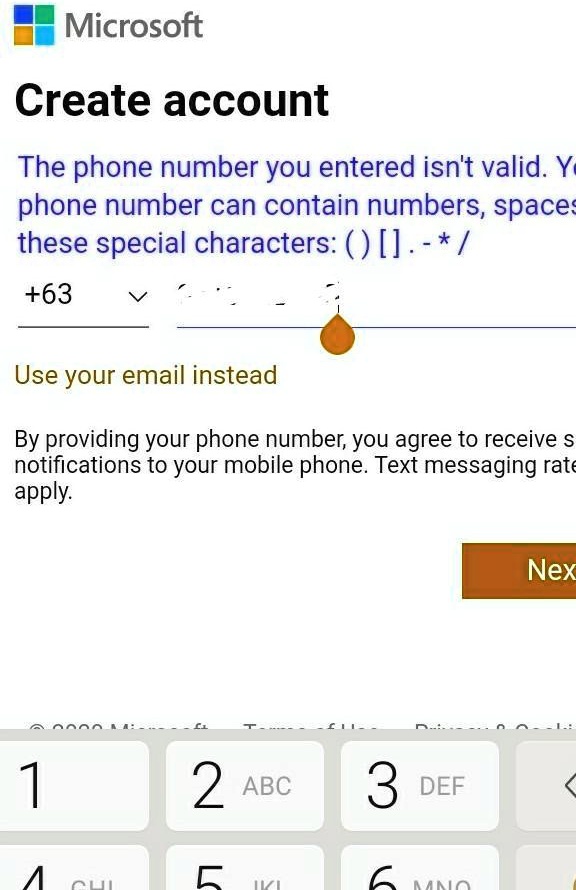 Microsoft Create account The phone number you entered isn't valid. Y phone number can contain ...