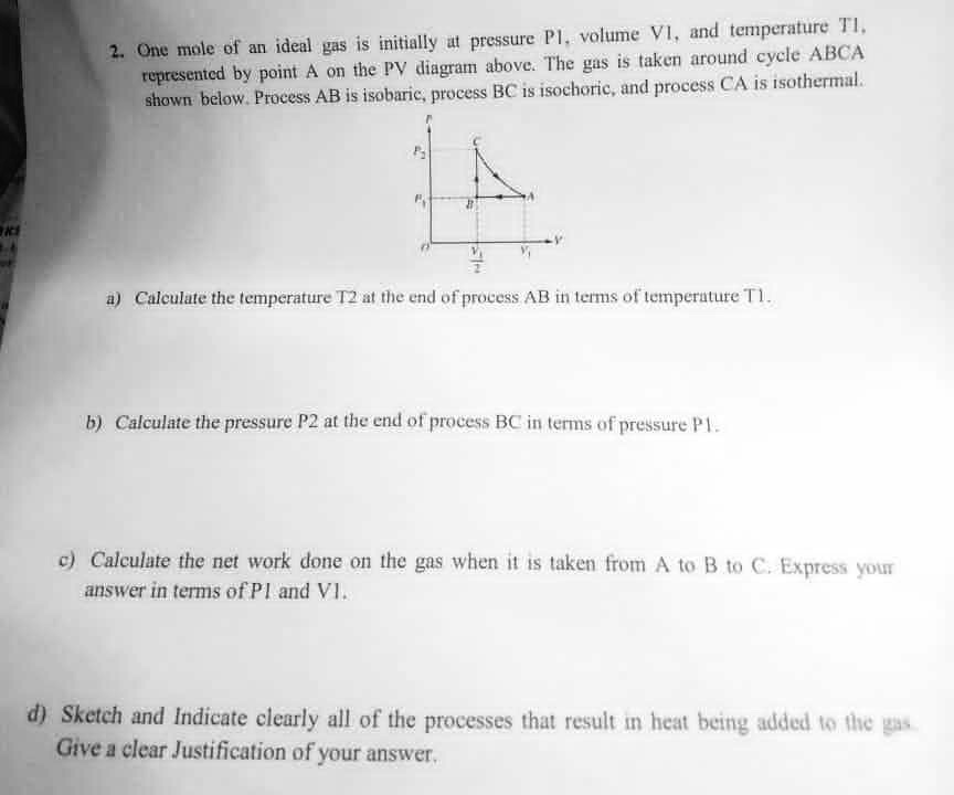 2. One mole of an ideal gas is initially at pressure P1, volume V1, and ...