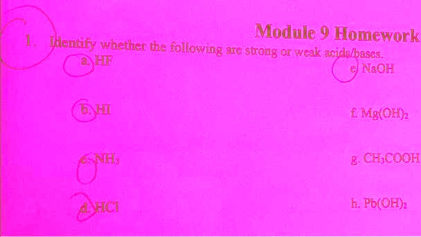 SOLVED: Texts: Module 9 Homework Identify whether the following are strong or weak acids/bases ...