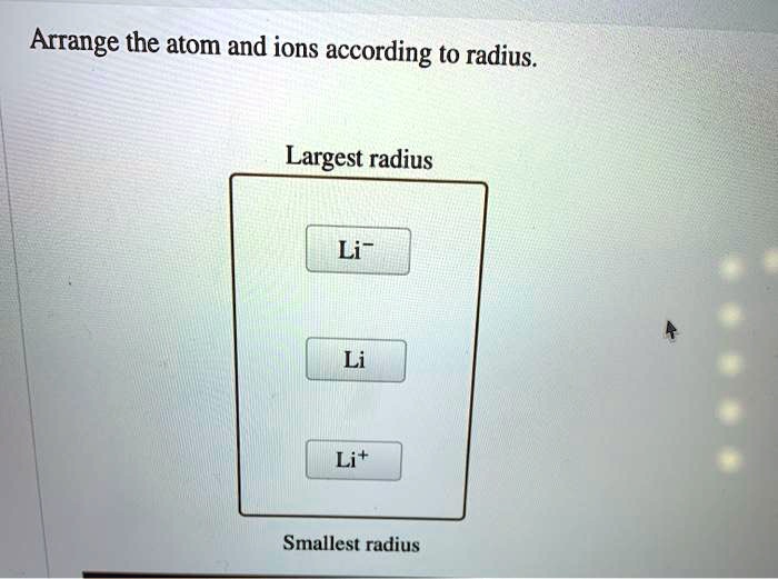 SOLVED: Arrange the atom and ions according to radius. Largest radius ...