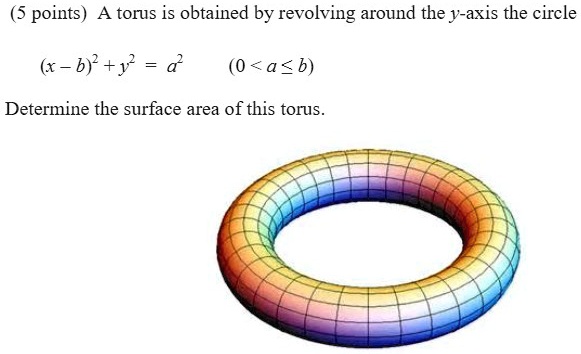 (5 points) A torus is obtained by revolving around the y-axis the circle (x-b)^2 + y^2 = a^2 (0