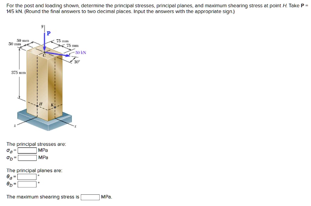 For the post and loading shown, determine the principal stresses ...