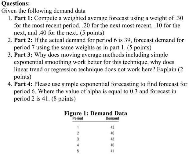 Questions: Given the following demand data 1. Part 1: Compute a weighted average forecast using ...