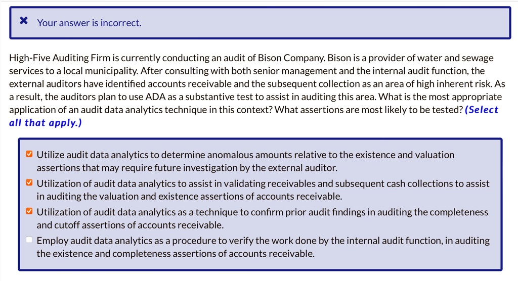 SOLVED: High-Five Auditing Firm is currently conducting an audit of Bison Company. Bison is a ...