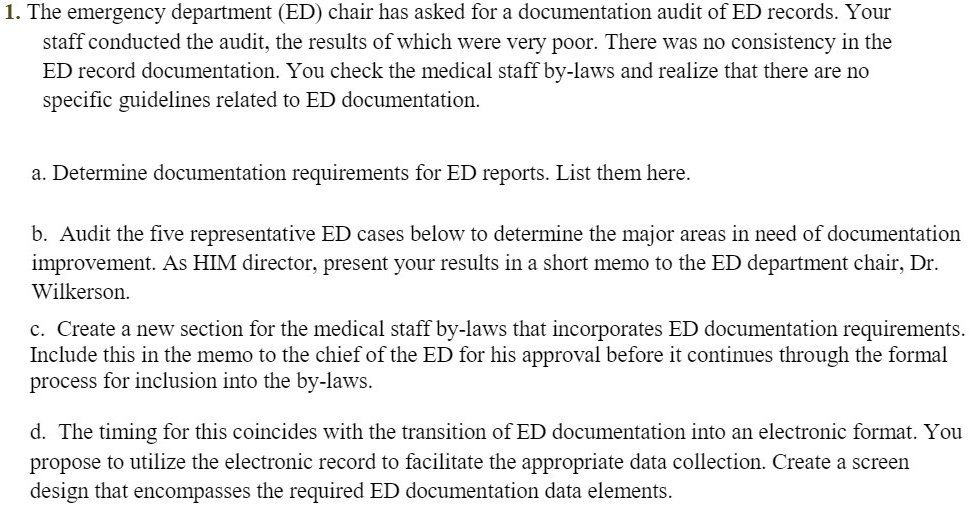 1 the emergency department ed chair has asked for a documentation audit ...