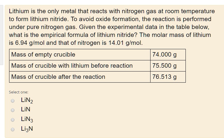 SOLVED: Lithium is the only metal that reacts with nitrogen gas at room ...