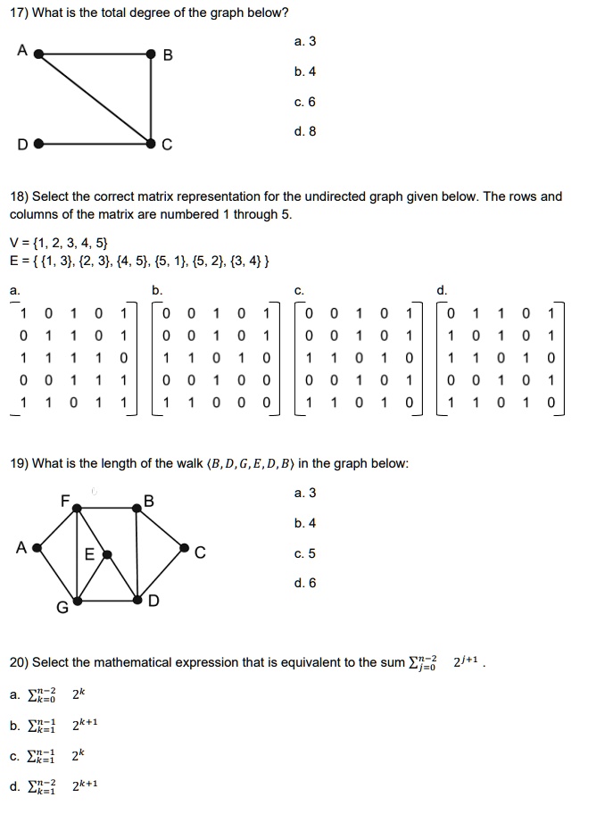 17 what is the total degree of the graph below d 8 18 select the correct matrix representation ...