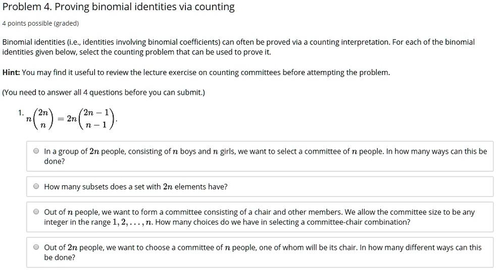 Problem 4 Proving Binomial Identities Via Counting Points Possible 6054