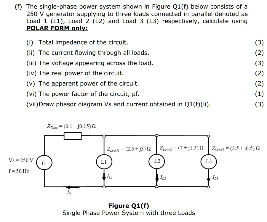 (f) The single-phase power system shown in Figure Q1(f) below consists of a 250 V generator ...