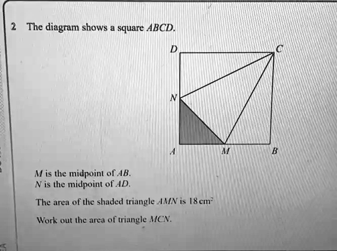 SOLVED: The diagram shows a square ABCD. M is the midpoint of AB. N is the midpoint of AD. The ...