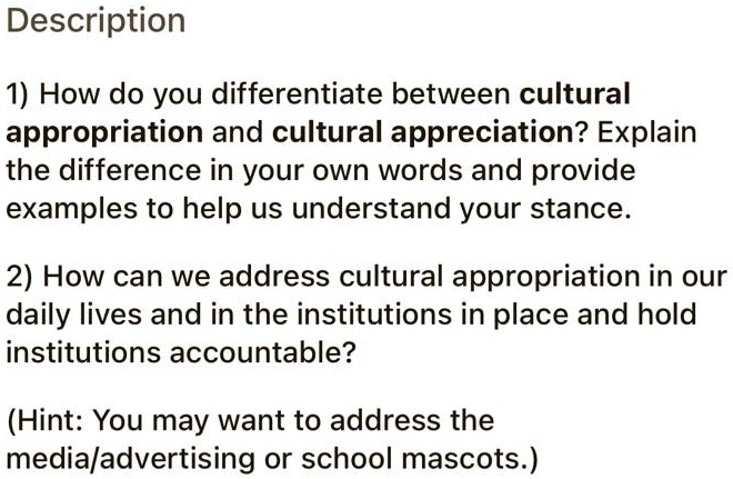 Description 1) How do you differentiate between cultural appropriation ...