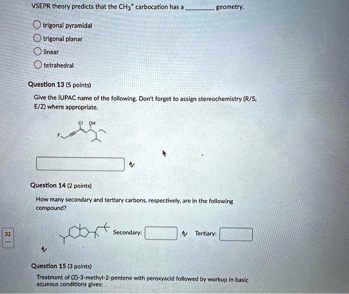 SOLVED: VSEPR theory predicts that the CHz+ carbocation has geometry ...