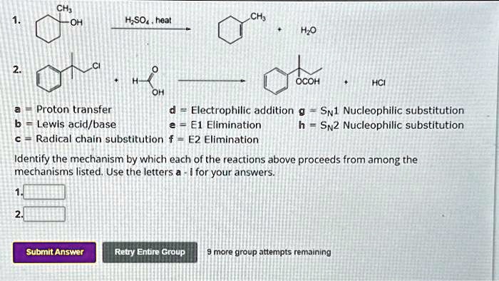 CH3OH H2SO4 heat CH3OH H2O 2 O=C=O HCl Proton transfer d = Electrophilic addition g = SN1 ...