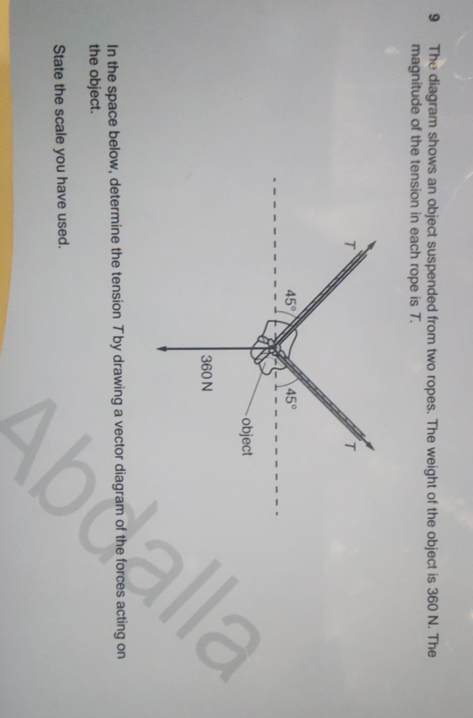 9 The diagram shows an object suspended from two ropes. The weight of the object is 360 N. The ...