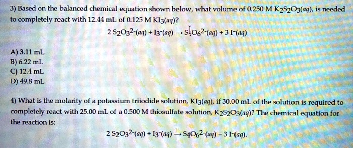 3 based on the balanced chemical equation shown below what volume of ...