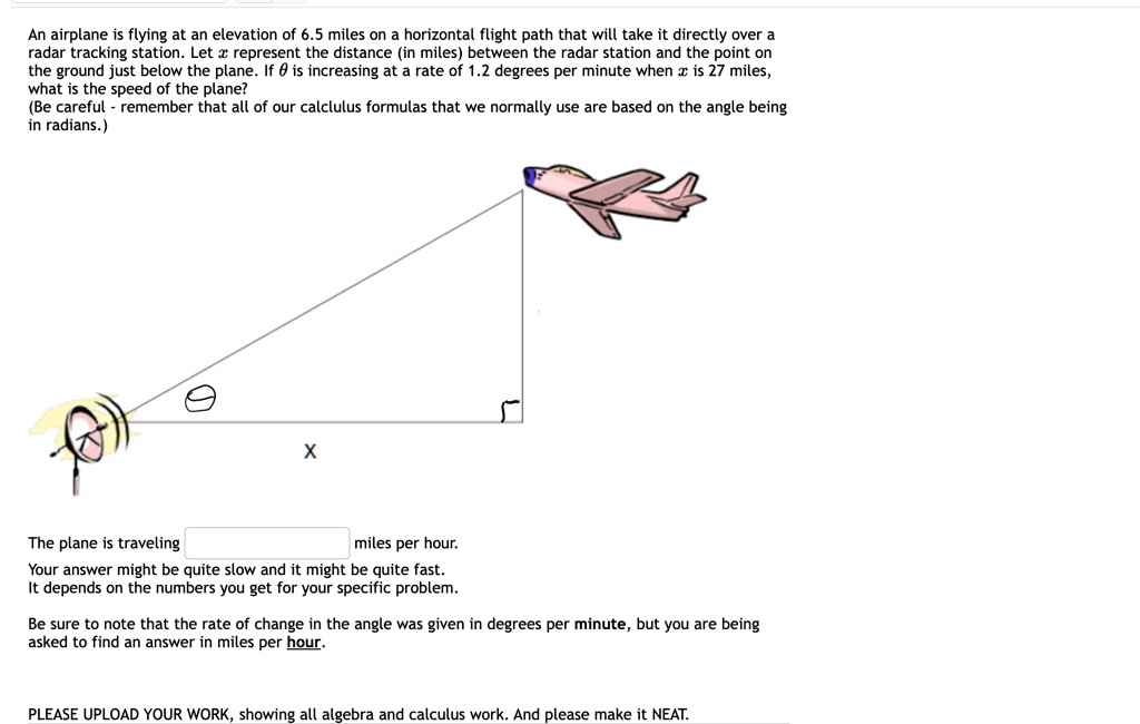 An airplane is flying at an elevation of 6.5 miles on a horizontal ...