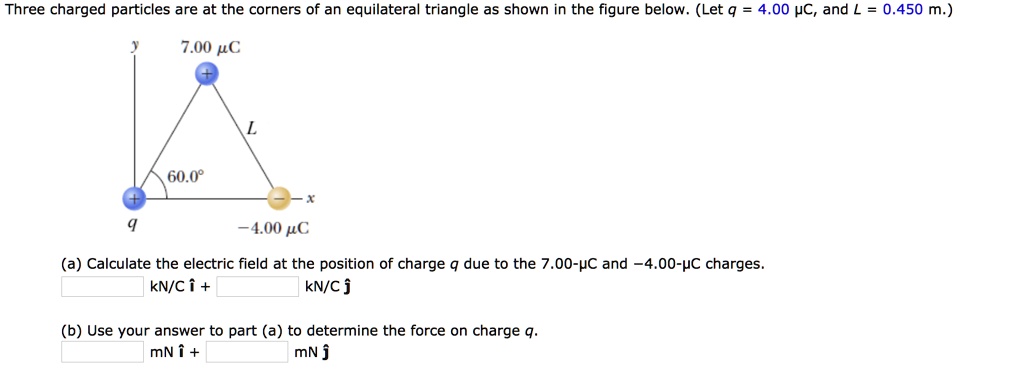 three charged particles are at the corners of an equilateral triangle as shown in the figure ...