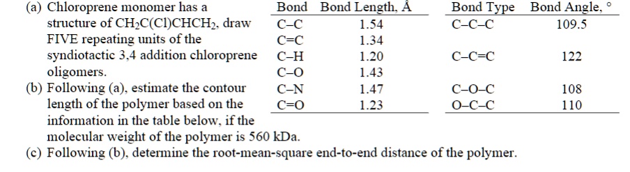 SOLVED: Chloroprene monomer has a bond length, bond type, and bond ...