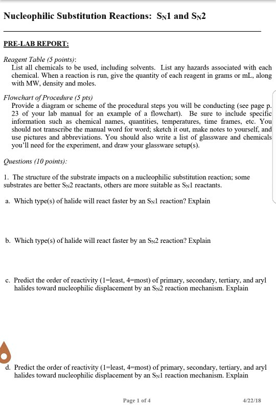 SOLVED: Nucleophilic Substitution Reactions: SNl and Sn2 PRELAEREFQRL: Reagent Table (5 points ...