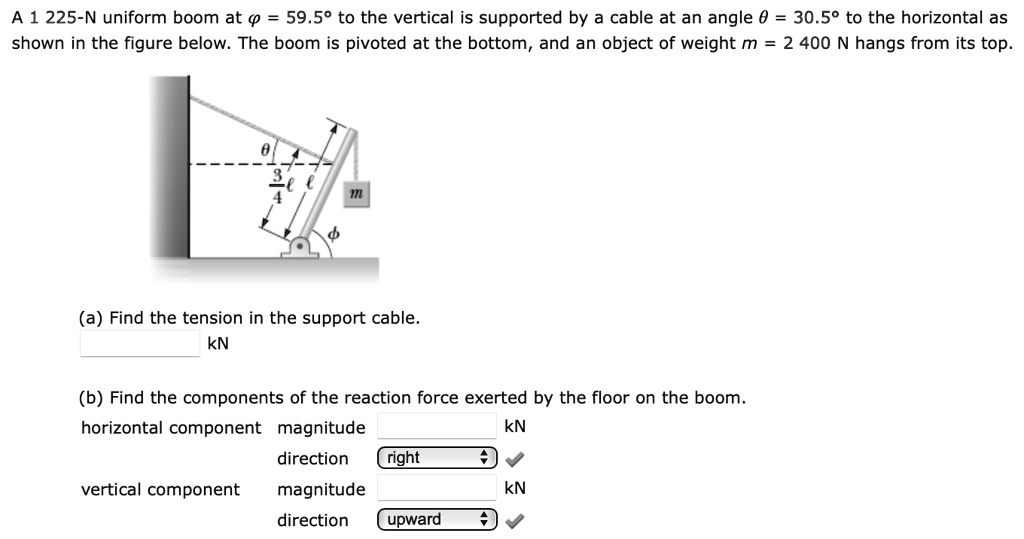 a 1 225 n uniform boom at 5959 to the vertical is supported by a cable ...