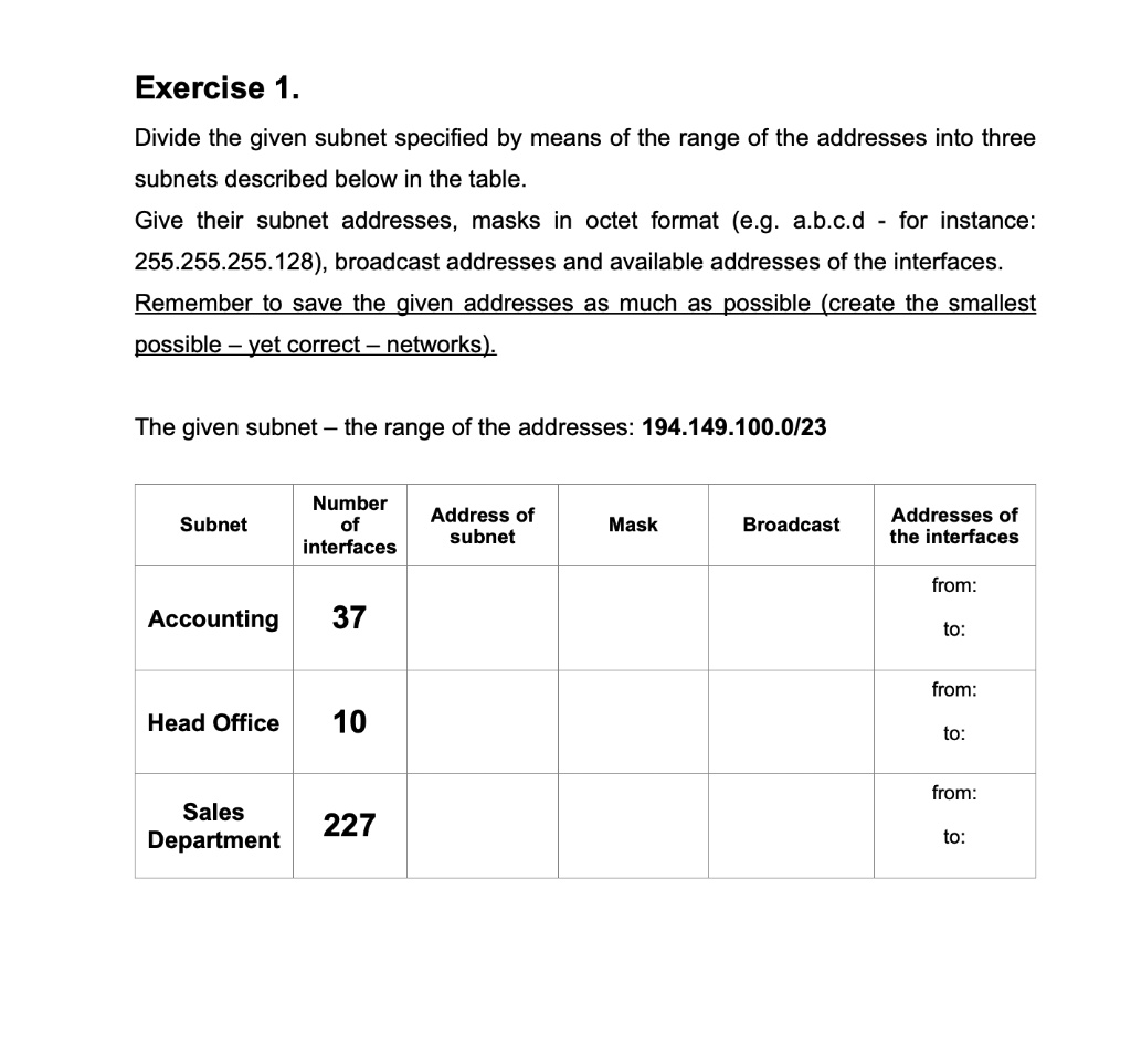 Solved Exercise 1 Subnet Division Divide The Given Subnet Specified By The Range Of Addresses